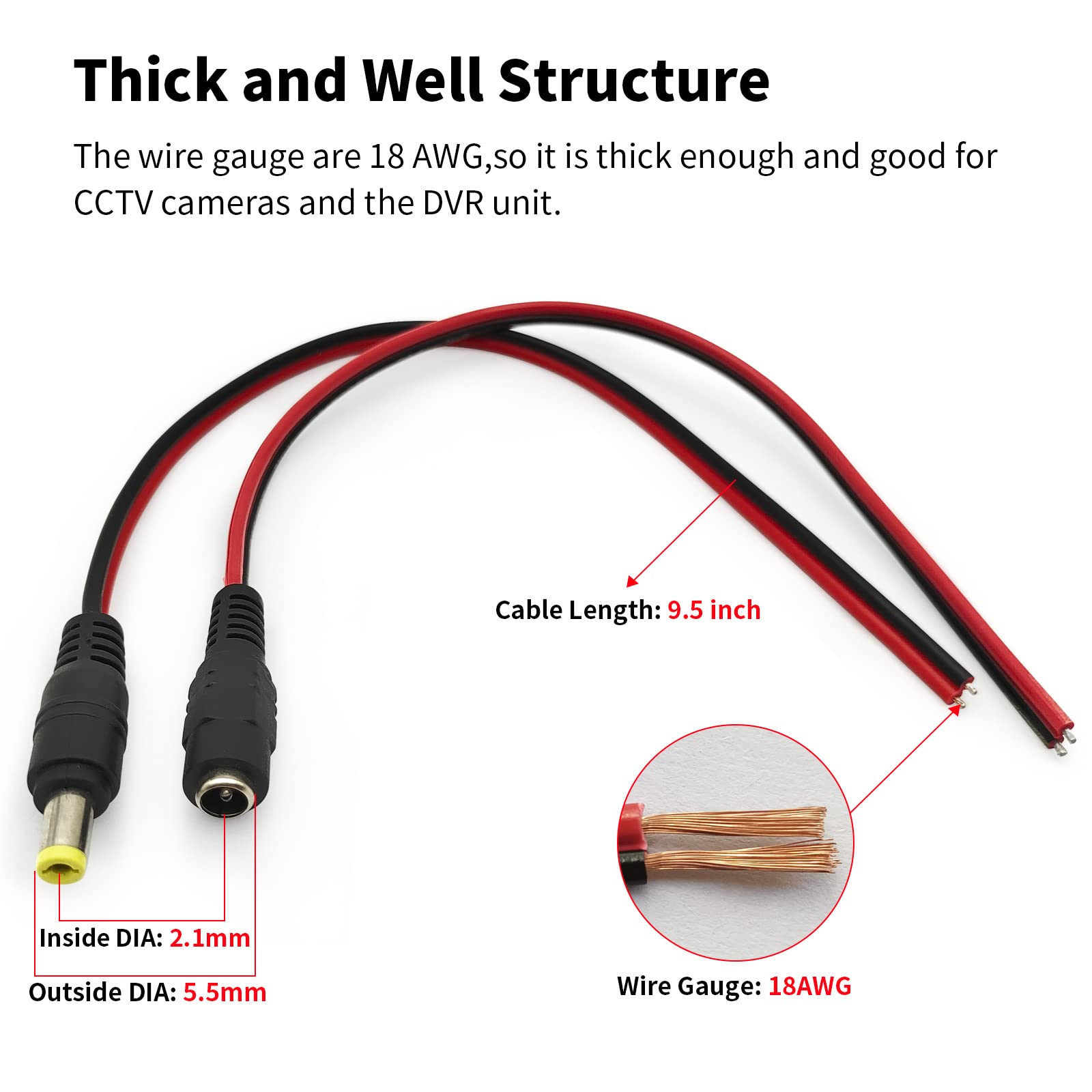 18AWG DC Power Cable, 6 Pairs DC Power Pigtail Cable Wire, 12V 5A Male & Female Connectors, Suitable for CCTV Security Cameras and Lighting Power Adapters(5.5mm x 2.1mm, 6 Pairs)