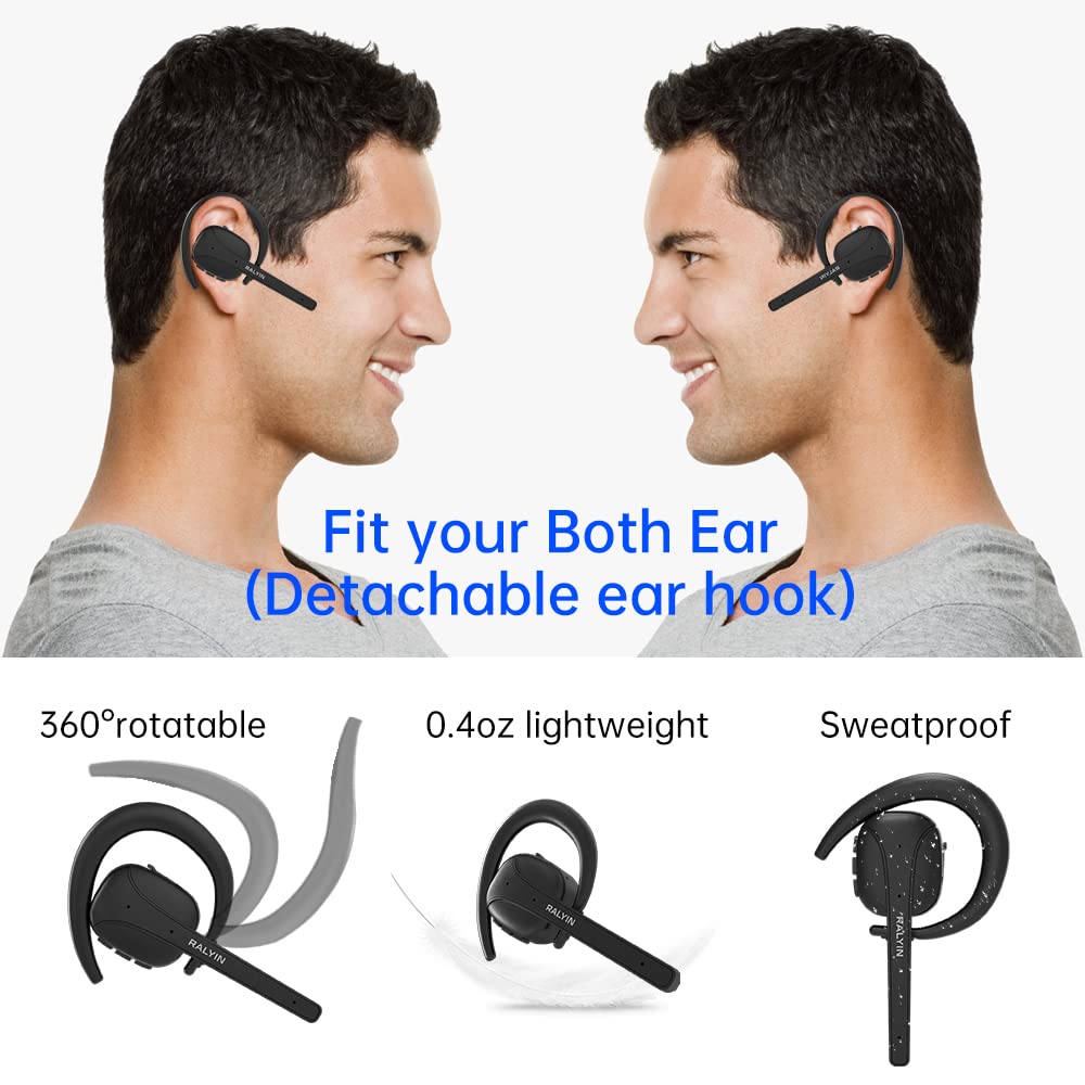 Ralyin Bluetooth Earpiece, Bluetooth Headphones with Daul Mic Noise Cancellation, 24 Hrs Driving Headset 60 Days Standby Time for Running Cycling Workout