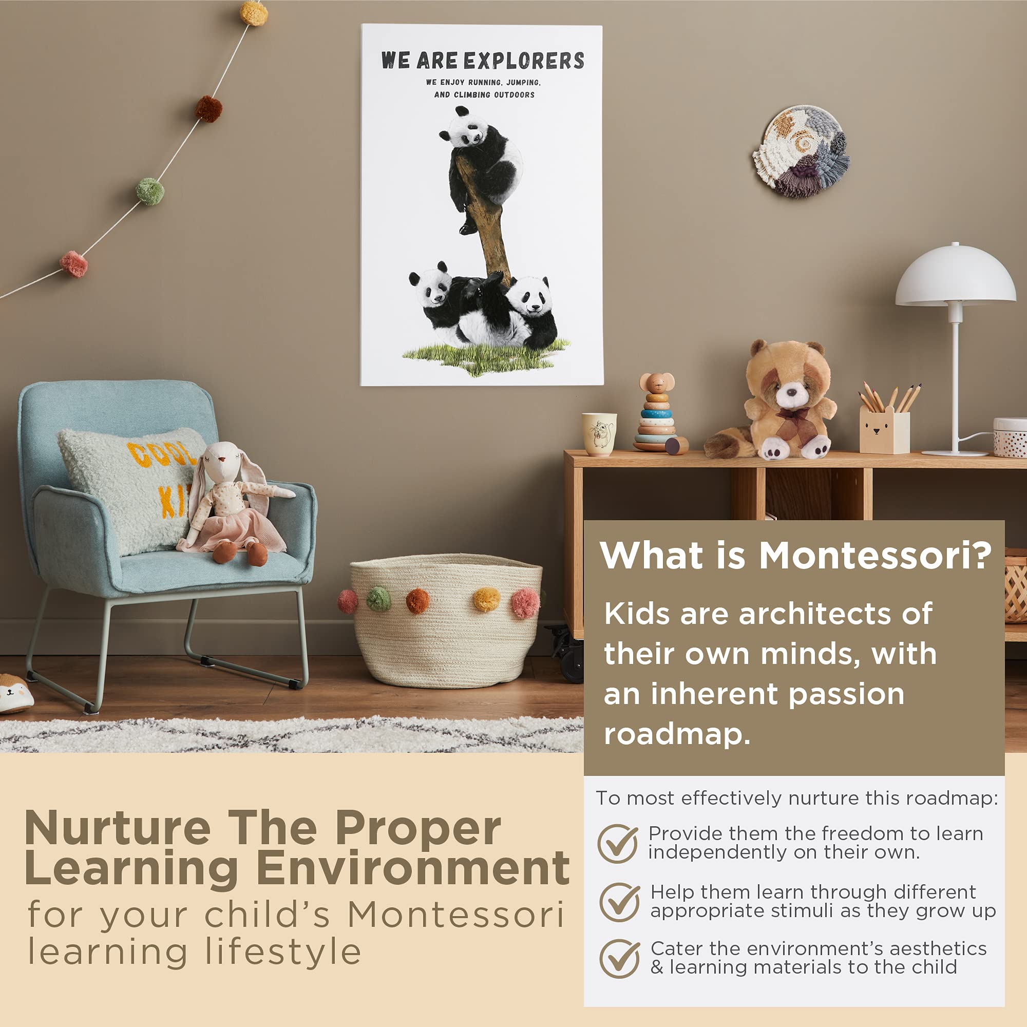 Montessori Canvas Wall Art for Babies - 3 Sizes, Ants Playroom Wall Decor, We Are Helpful Quote - Giclee Framed Animal Prints for Nursery in Damage-Resistant Canvas - Ready to Hang Wall Art (12"x18")