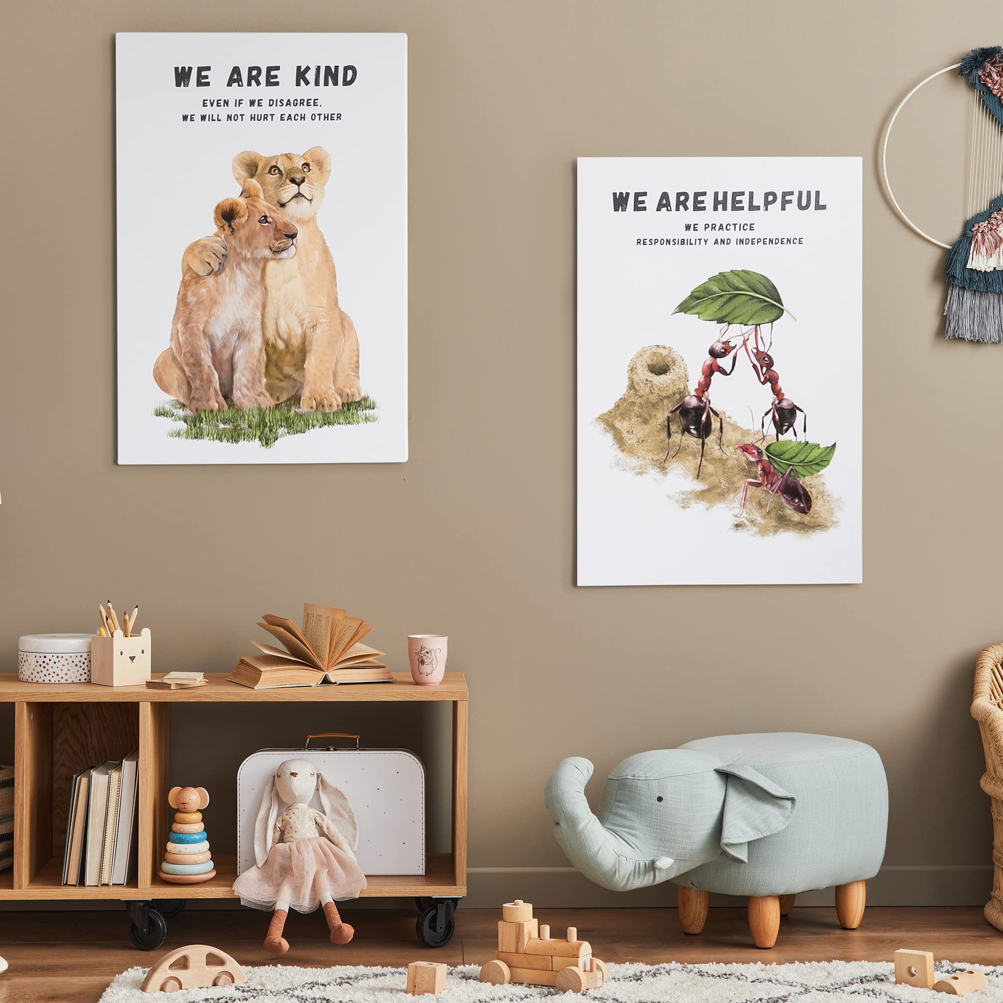 Montessori Canvas Wall Art for Babies - 3 Sizes, Ants Playroom Wall Decor, We Are Helpful Quote - Giclee Framed Animal Prints for Nursery in Damage-Resistant Canvas - Ready to Hang Wall Art (12"x18")