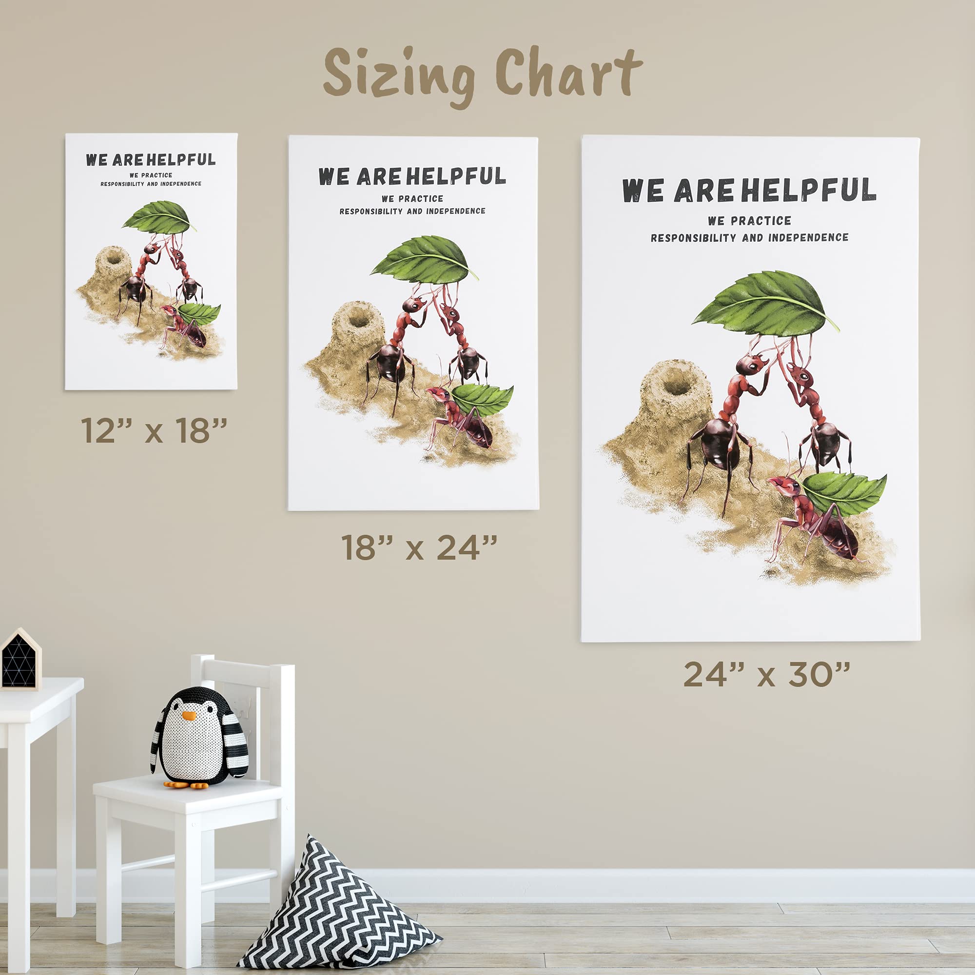 Montessori Canvas Wall Art for Babies - 3 Sizes, Ants Playroom Wall Decor, We Are Helpful Quote - Giclee Framed Animal Prints for Nursery in Damage-Resistant Canvas - Ready to Hang Wall Art (12"x18")