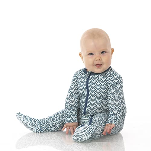 KicKee Print Footie with Zipper, Fitted Long Sleeve Pajamas, Ultra Soft Everyday One-Piece Loungewear, Nautical (Fresh Air Waves - 3-6 Months)