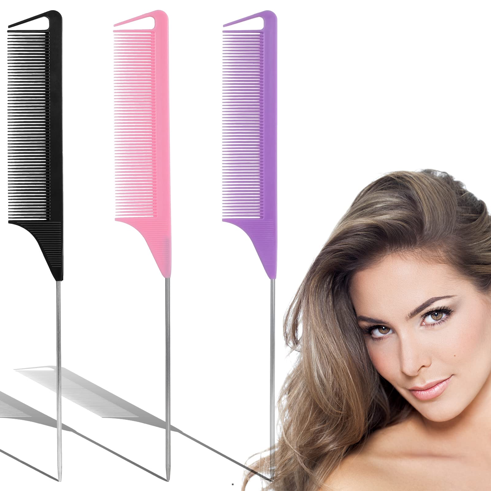 Rat Tail Combs Hair Combs :3Pack Parting Comb,Fine Tooth Comb,Tail Comb,Metal Long Steel Pin Rat Tail Comb,Combs for Women，Professional Hair Salon Quality Styling Combs(Black|Purple|Pink）