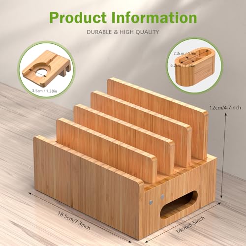 Pezin & Hulin Bamboo Charging Station Organizer for Multiple Devices, Desktop Docking Stations Holder for Cell Phone, Tablet, SmartWatch & Earbuds Stand (Included 5 Cables) (No USB Charger)
