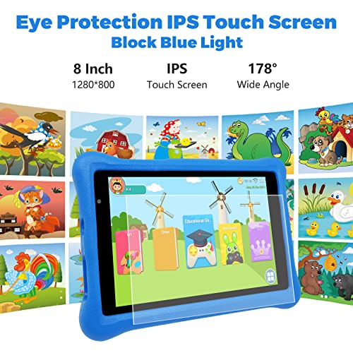 dxmart 32GB,Kids Tablet 8 inch Android 10.0 2GB RAM Quad Core 1280×800 IPS Display Parental Control Kids App Pre-Installed GMS Dual Cameras Kid-Proof Case YouTube Neflix (Blue)