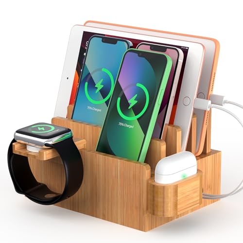 Pezin & Hulin Bamboo Charging Station Organizer for Multiple Devices, Desktop Docking Stations Holder for Cell Phone, Tablet, SmartWatch & Earbuds Stand (Included 5 Cables) (No USB Charger)