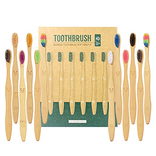 Y-Kelin 12 Pcs Soft Bristles Bamboo Toothbrush, Eco Friendly Color Bristle Wood Tooth Brushes