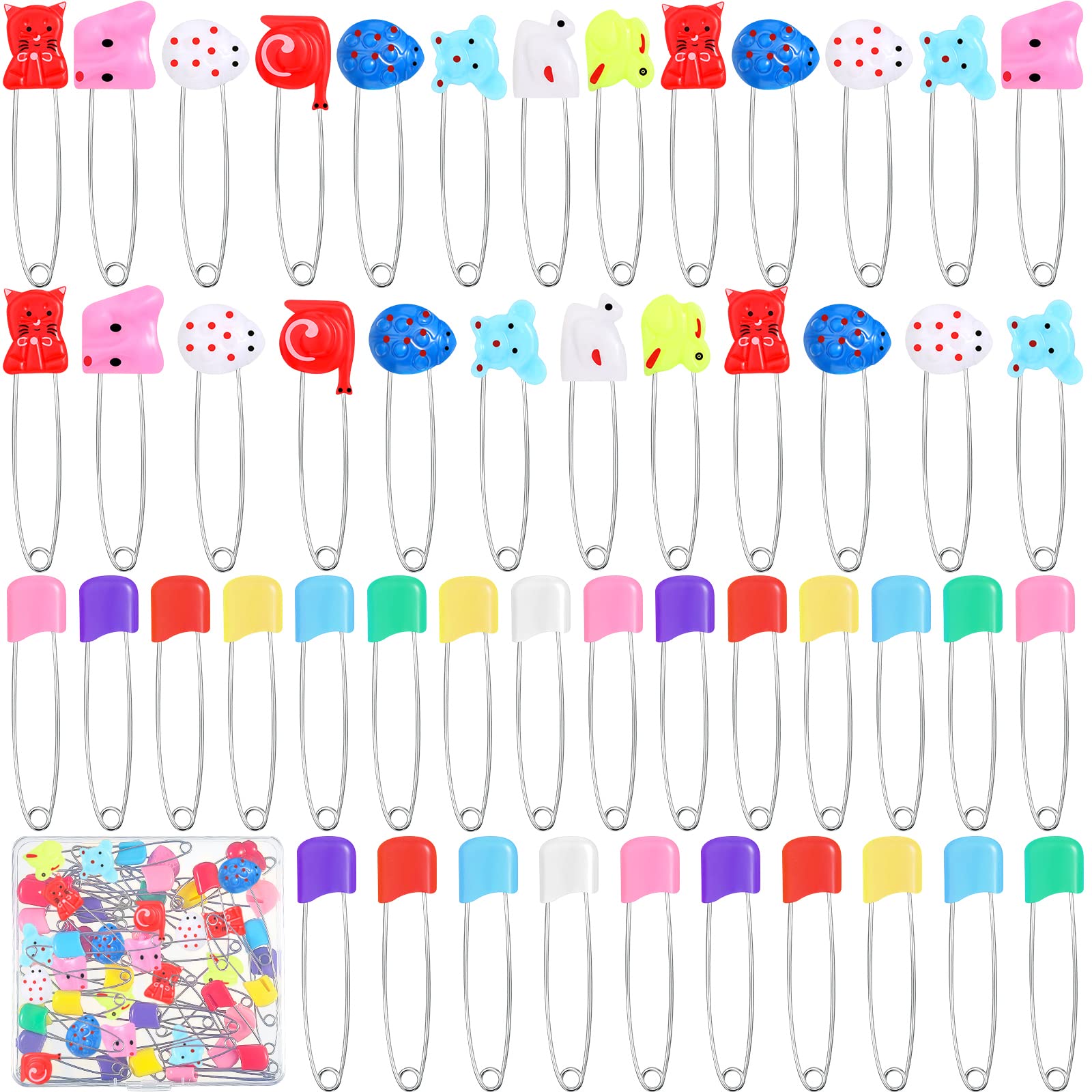 50 Pieces Diaper Pins Baby Diapers Safety Pins with Locking Closure Stainless Steel Baby Pin Plastic Head Safety Pin for Clothes Diaper Laundry Crafts Assorted Color Animal Nappy Pins with Storage Box
