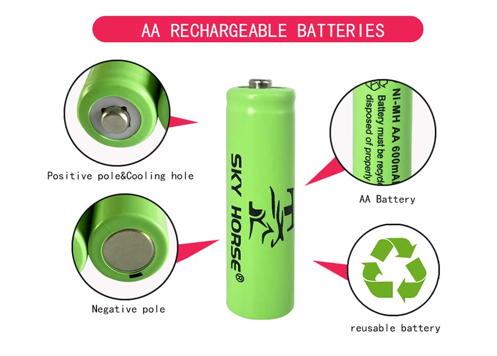 SKY HORSE AA Rechargeable Battery Ni-MH 1.2V 600mAh for Garden Light,Solar Lights,Toys,Remote Control, Mouse(8)…