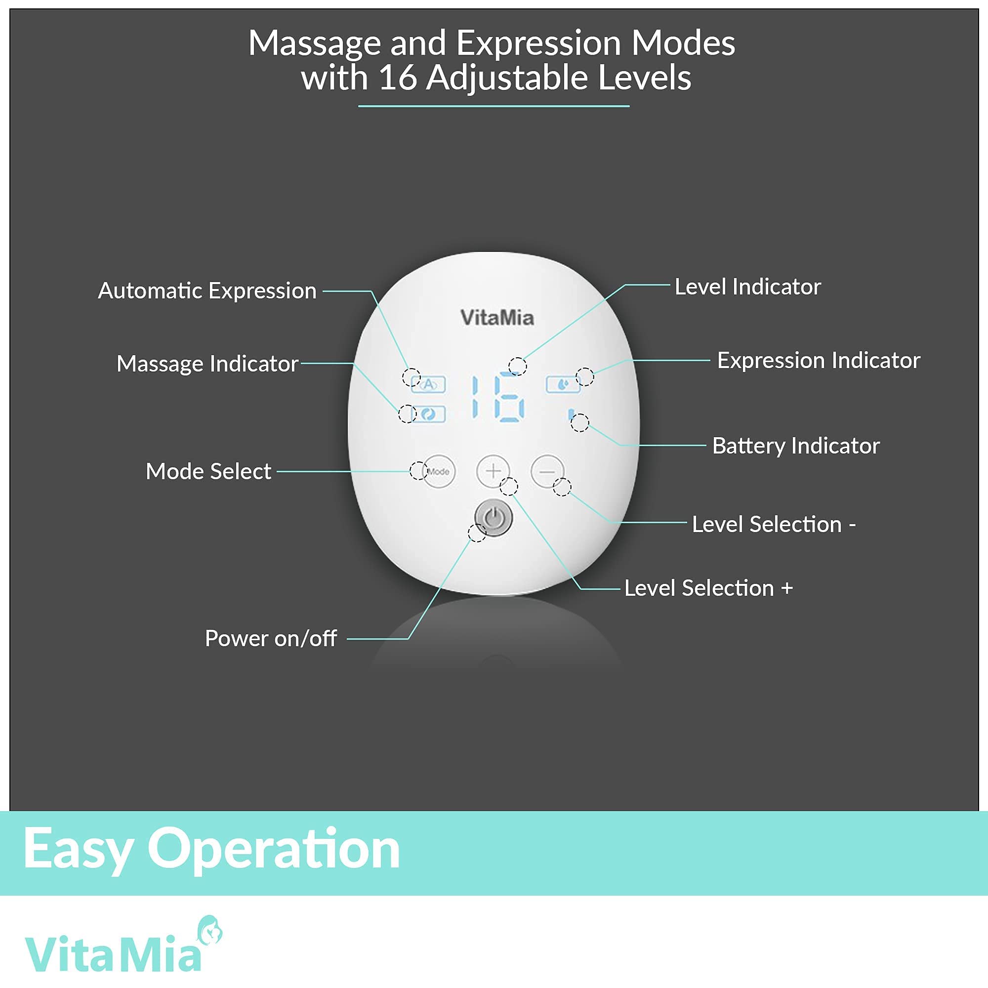 VitaMia Wearable Wireless Double Electric Breast Pump, 16 Levels 3 Modes, Quiet & Vibration- Free Breastfeeding, Silicone Breast Shield, Long Battery Life, Portable & Hands Free