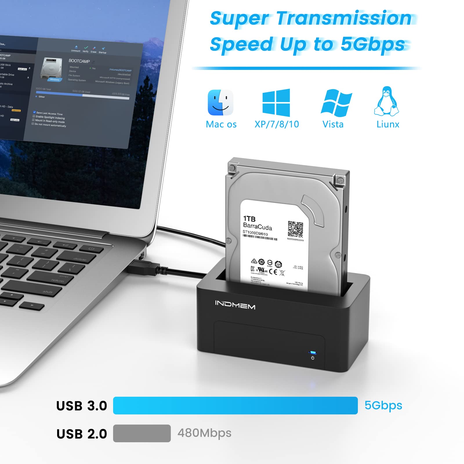 SAS to USB 3.0 Adapter, SAS/SATA Hard Drive Reader Enclosure Docking Station for 2.5/3.5 inch HDD SSD with 12V/2A Power Adapter