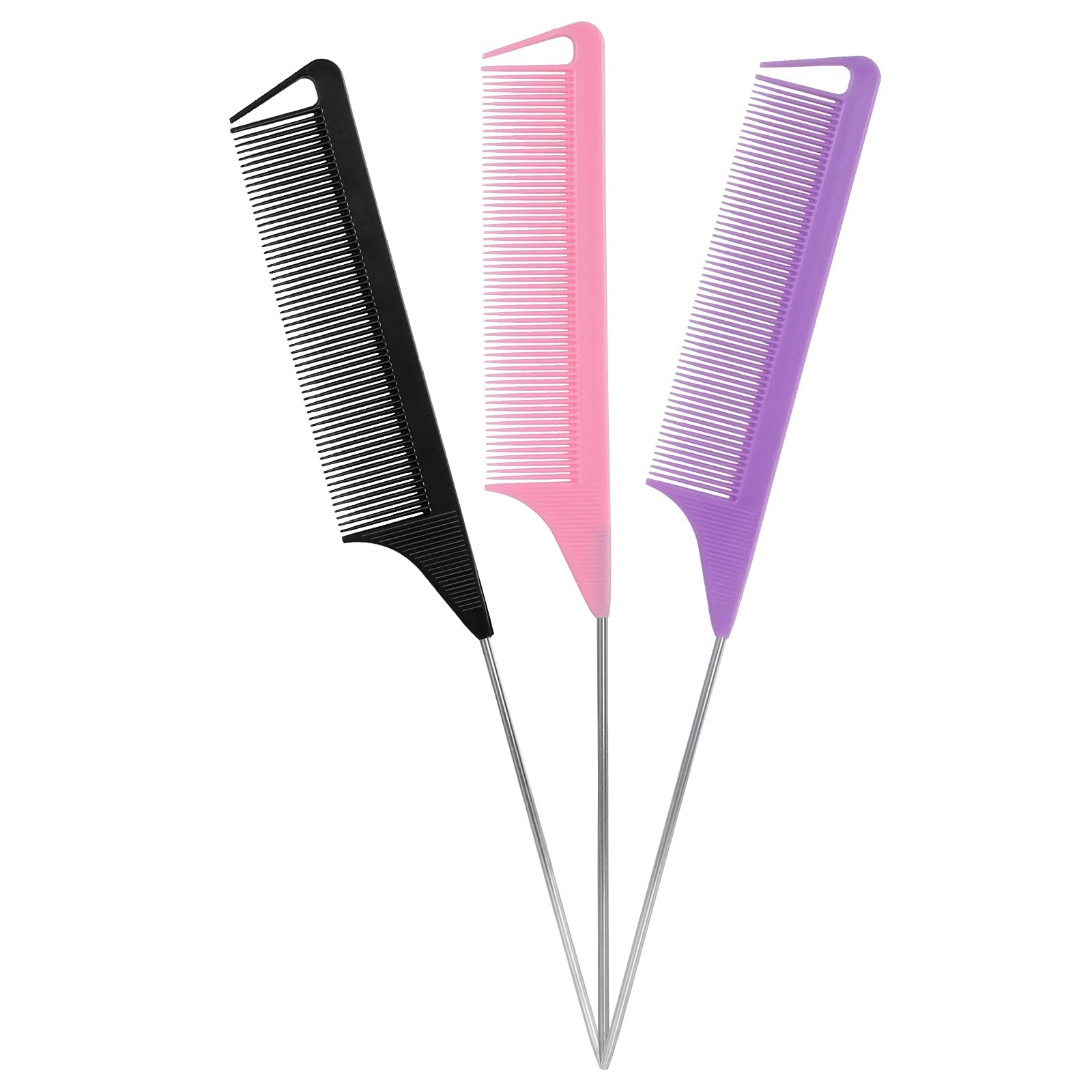 Rat Tail Combs Hair Combs :3Pack Parting Comb,Fine Tooth Comb,Tail Comb,Metal Long Steel Pin Rat Tail Comb,Combs for Women,Professional Hair Salon Quality Styling Combs(Black|Purple|Pink)