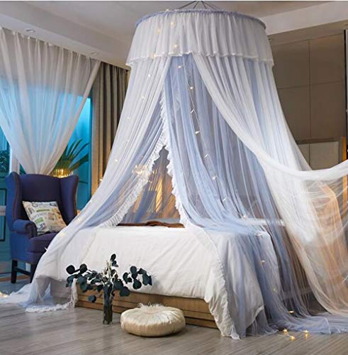 Mengersi Bed Canopy for Girls with Stars String Lights,Decor Bed Drapes-Double Layer Mesh Dreamy Bed Netting Use to Cover The Baby Crib, Kid Bed Single to King Size -Extra Large (Gray Blue and White)