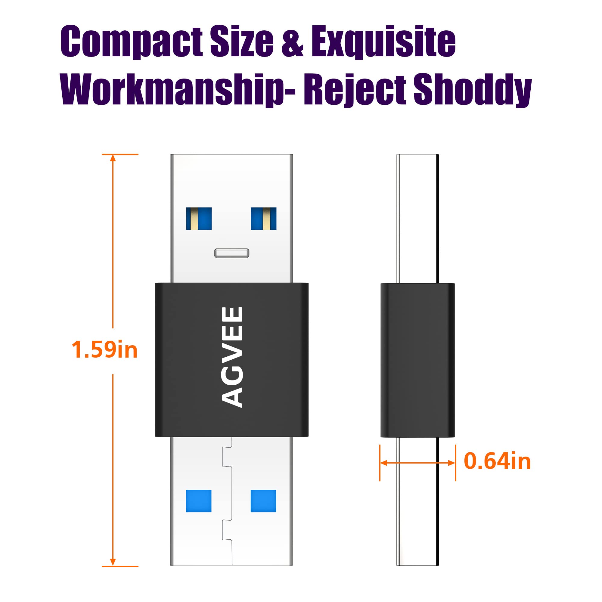 AGVEE 4 Pack USB-A 3.0 Male to USB-A Male Bidirectional Adapter, USB 3.2 Gen 1 Coupler Extender Extension Converter Connector, Black