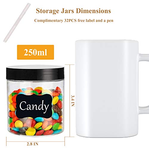 Plastic Jars with Lids Empty Slime Cosmetics Containers Clear Gift Food Jars Round PET Cream Jars with Black Lids Pen Labels for Kitchen Storage Spices Dry Food Body Butter Slime Making (8OZ 32PCS)
