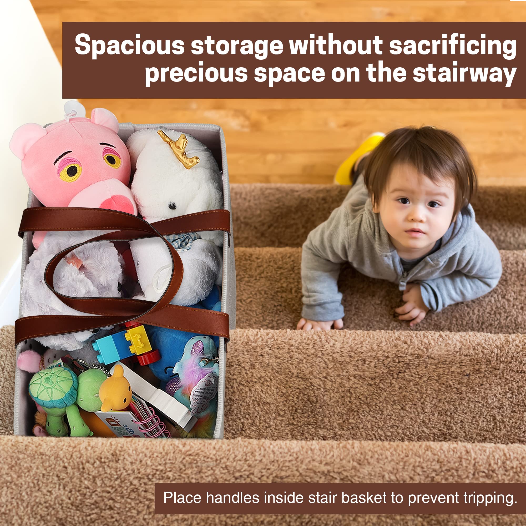 SAM AND MABEL Stair Baskets for Carpeted and Wooden Stairs – 16" L x 10" W x 16" H Staircase Basket with Handles, Collapsible Stairstep Storage Organizer for Home and Office Decor (Natural Beige)