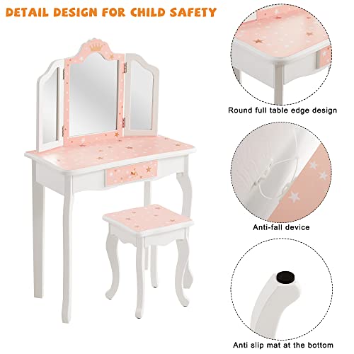 Nromant Kids Vanity Table and Chair Set, Girls Vanity Set with Mirror and Stool, Tri-Folding Mirror, Makeup Dressing Princess Table with Drawer, Kids Vanity Set with Mirror Age 4-9