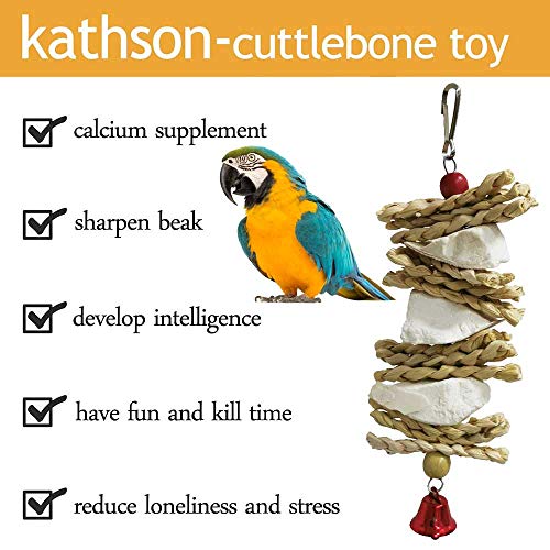 kathson 2PCS Natural Parrot Chewing Toys Wood Bird Toy Hanging Parakeet Hammock Cage Accessories Cuttlebone Beak Grinding for Parrots Cockatoos African Grey Cockatiels Conure Eclectus Budgies