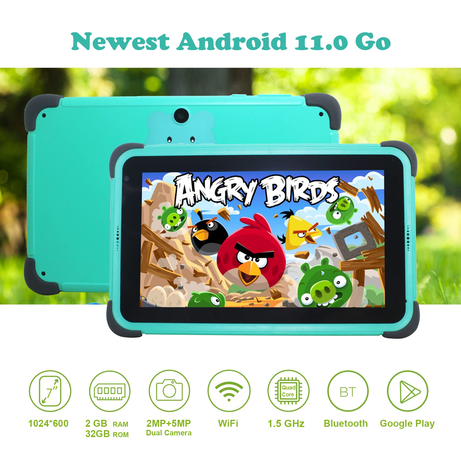 weelikeit Kids Tablet 7 inch, Android 11.0 Tablets for Kids, Toddler Tablet with GMS Certified,2GB RAM 32GB ROM, KIDOZ Pre-Installed,Parental Control,WiFi, Built in Proof Case and Stylus(Green)