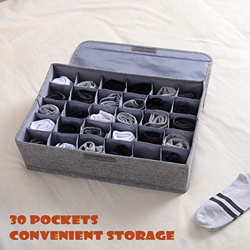 AARAINBOW 2 Packs Underwear Socks Storage Organizer with Lids Foldable Closet Drawer Organizer 60 Cells, Wardrobe Storage Boxes for Ties Scarves and Lingerie (30 Cell, 2 Gray)
