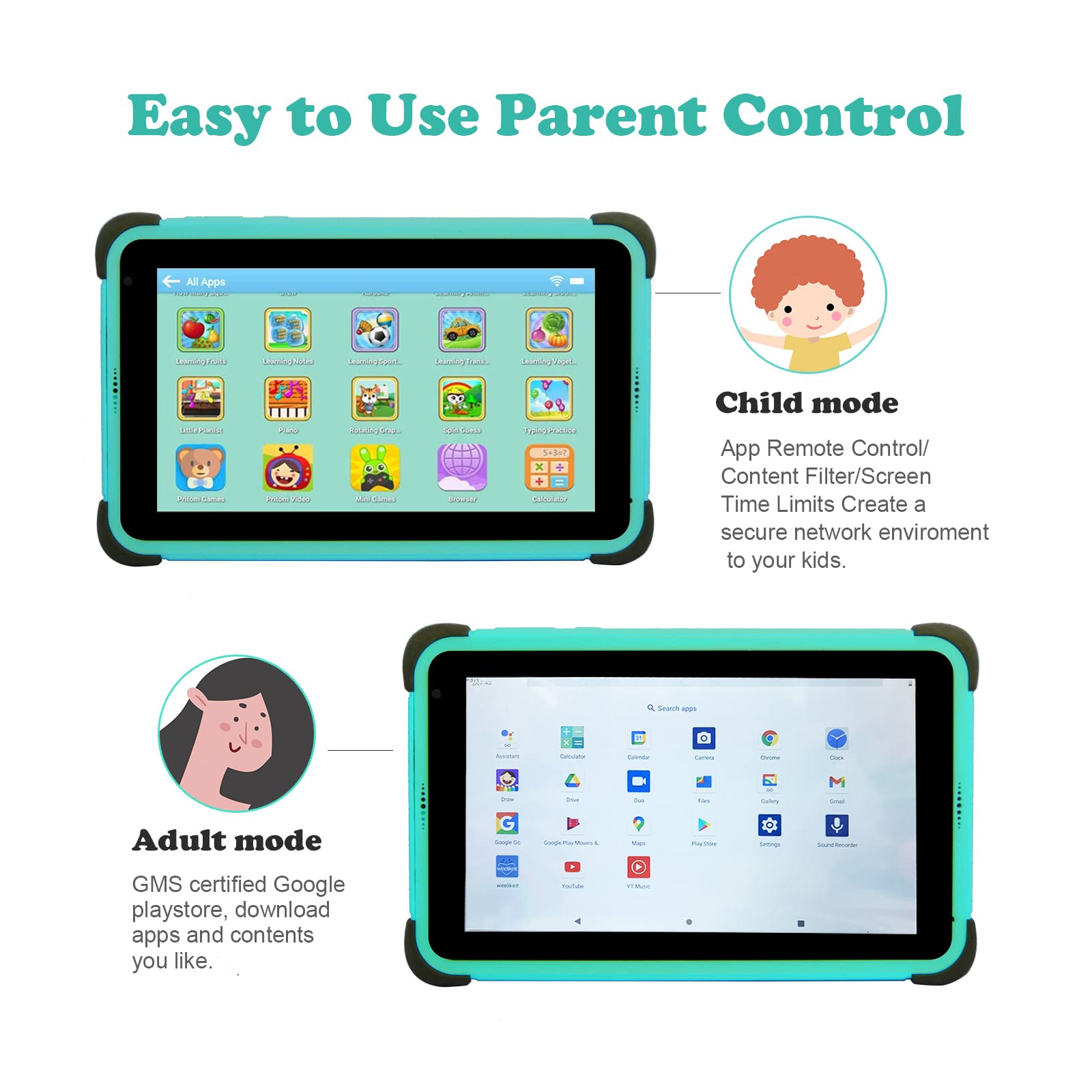 weelikeit Kids Tablet 7 inch, Android 11.0 Tablets for Kids, Toddler Tablet with GMS Certified,2GB RAM 32GB ROM, KIDOZ Pre-Installed,Parental Control,WiFi, Built in Proof Case and Stylus(Green)