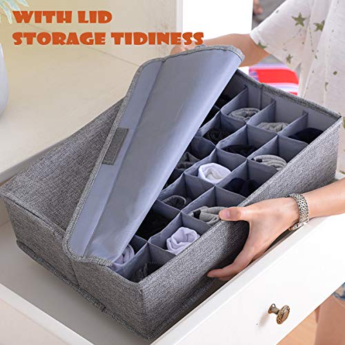 AARAINBOW 2 Packs Underwear Socks Storage Organizer with Lids Foldable Closet Drawer Organizer 60 Cells, Wardrobe Storage Boxes for Ties Scarves and Lingerie (30 Cell, 2 Gray)