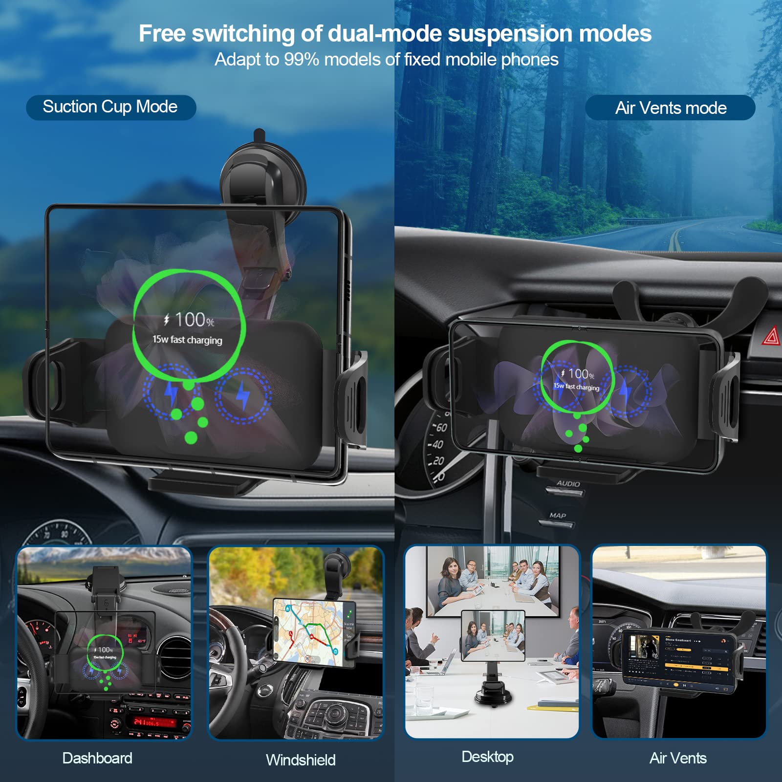 Wireless Car Charger Mount, 15W Dual Coils Fast Charging Car Phone Holder for Air Vent & Dashboard, Compatible with Galaxy Z Fold 4/3/2/Z Flip 4/3/iPhone 14/13/12/11/X/8 Series/Samsung S23 Ultra