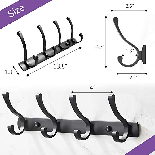 Spotact Wall Mounted Coat Rack, 4 Dual Hooks for Hanging Coats Black Towel Hanger 13.8βx1.3β Anti-Rust Clothes Hook for Entryway, Bathroom, Room, Kitchen (4 Hooks(2 Packs))