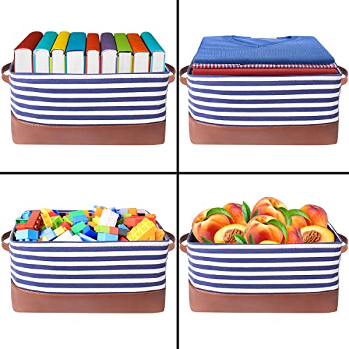 Foldable Storage Bin | Collapsible Sturdy Fabric Storage Basket Cube W/Handles for Organizing Shelf Nursery Toy Closet (BLUE STRIPS, 11.5"+13"+16")