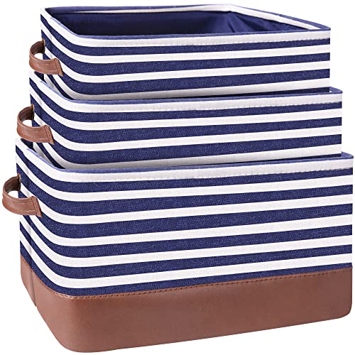 Foldable Storage Bin | Collapsible Sturdy Fabric Storage Basket Cube W/Handles for Organizing Shelf Nursery Toy Closet (BLUE STRIPS, 11.5"+13"+16")