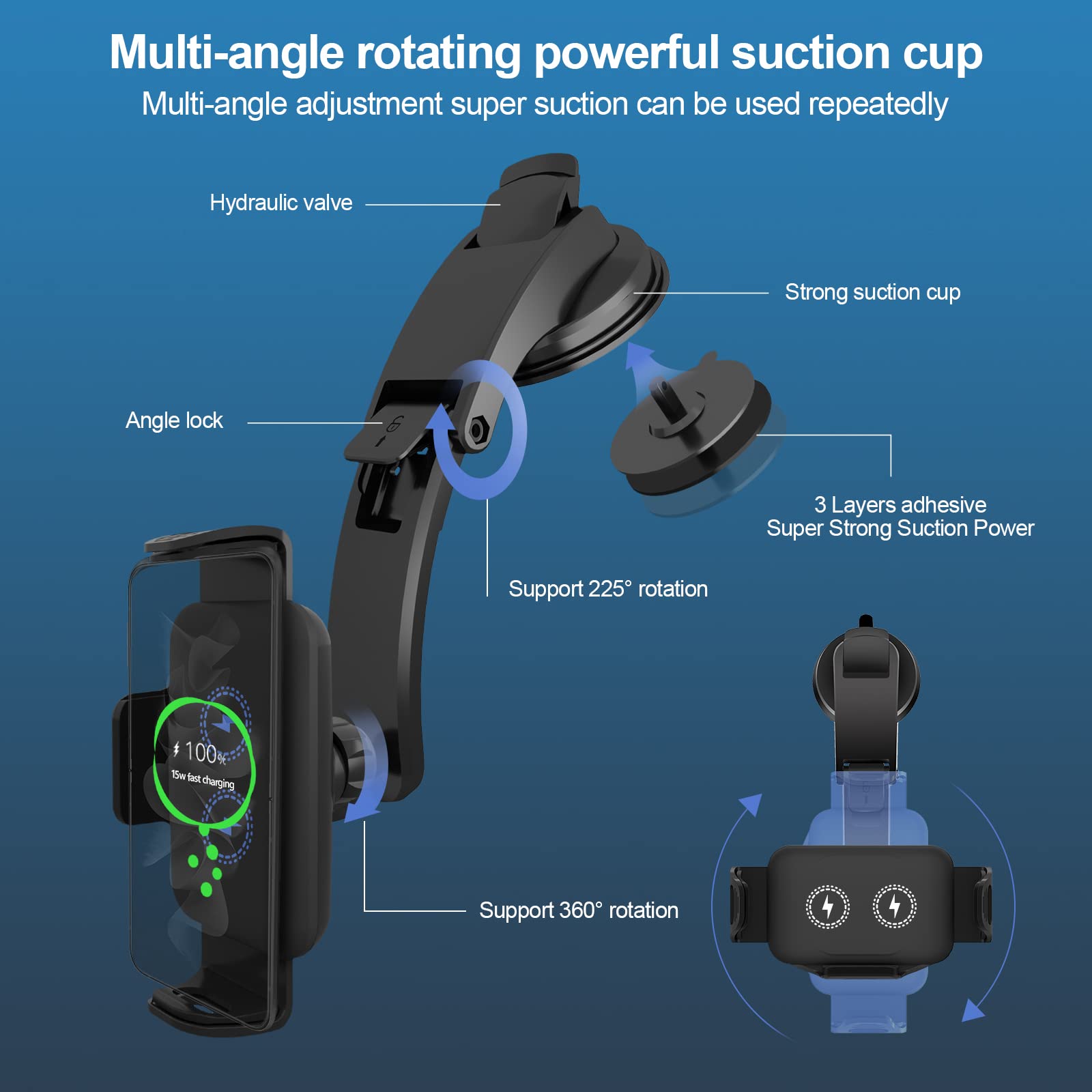 Wireless Car Charger Mount, 15W Dual Coils Fast Charging Car Phone Holder for Air Vent & Dashboard, Compatible with Galaxy Z Fold 4/3/2/Z Flip 4/3/iPhone 14/13/12/11/X/8 Series/Samsung S23 Ultra