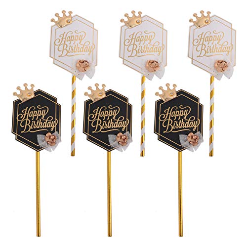 Amosfun Crown Cake Toppers Hexagon Cake Inserts Elegant Cupcake Decor Party Supplies (White+ Black) for Party Cake Decortion