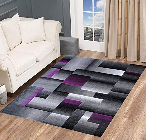 Champion Rugs Modern Geometric Abstract Boxes and Squares Purple Grey Black Carpet Bedroom Living Room Contemporary Dining (5’ 3” X 7’ 5”)