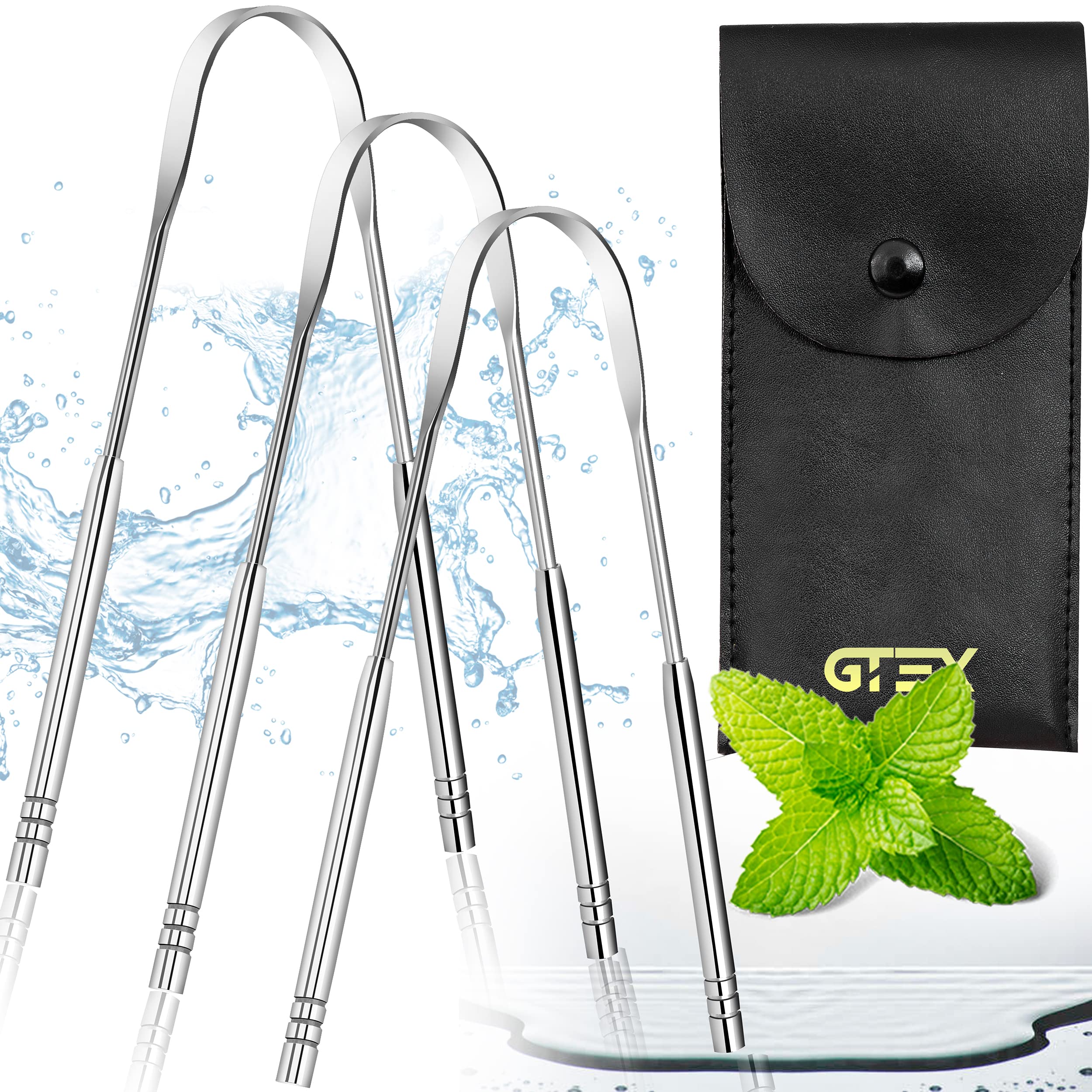 GTEX Tongue Scraper (3 Pack) with Travel Pouch - Medical Grade 100% Stainless Steel Metal Tongue Cleaner for Adults and Kids - 3 Tounge Scrapers