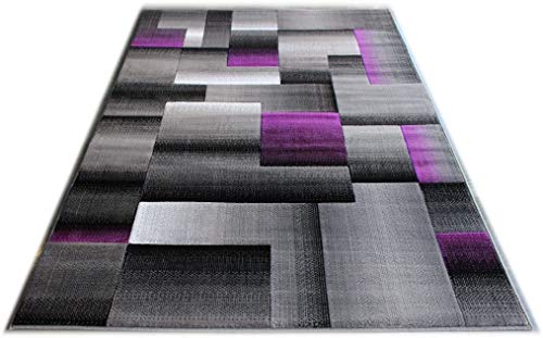 Champion Rugs Modern Geometric Abstract Boxes and Squares Purple Grey Black Carpet Bedroom Living Room Contemporary Dining (5’ 3” X 7’ 5”)