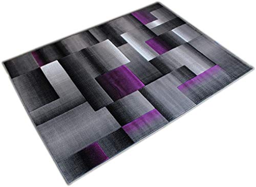 Champion Rugs Modern Geometric Abstract Boxes and Squares Purple Grey Black Carpet Bedroom Living Room Contemporary Dining (5’ 3” X 7’ 5”)