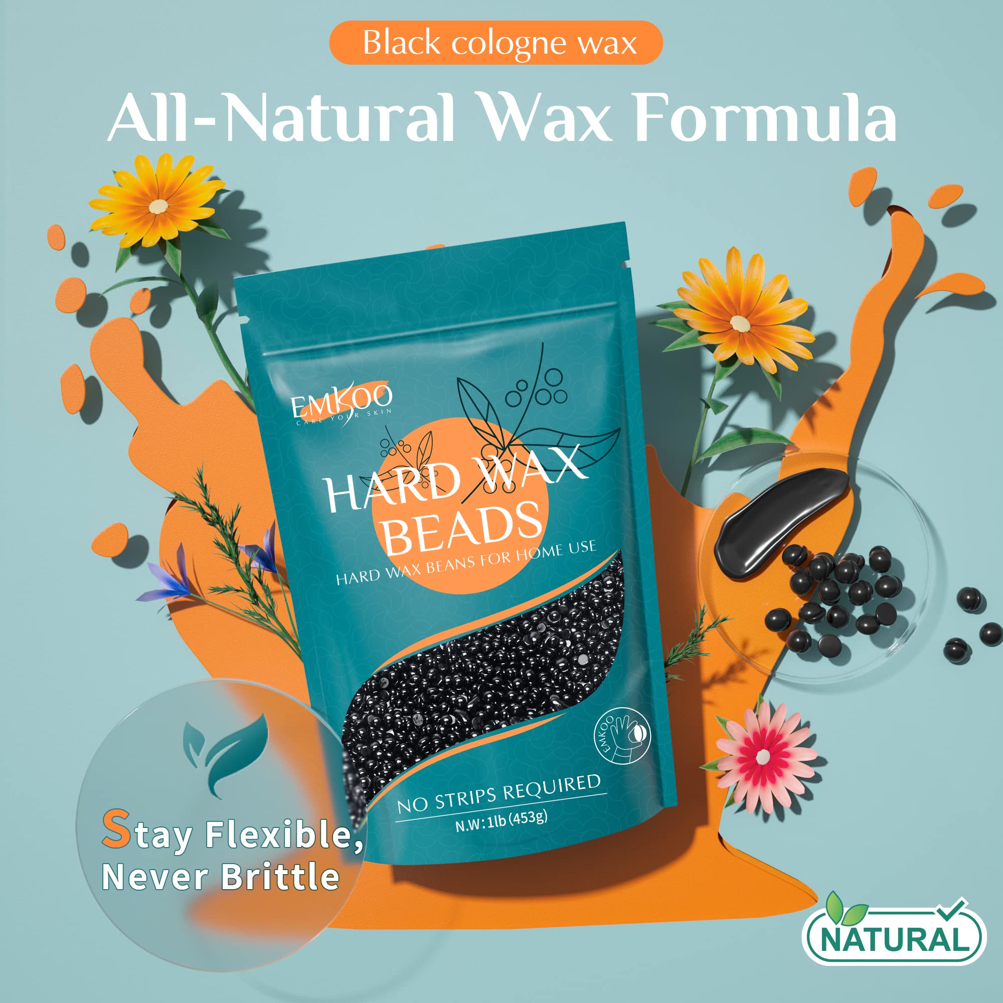 Hard Wax Beads, EMKOO Waxing Beads for Coarse Hair Removal, At Home Self Wax Beans for Underarms, Legs, Eyebrows, Bikini and Brazilian Waxing, Black 1lb Refill Wax for Any Wax Warmer Kit