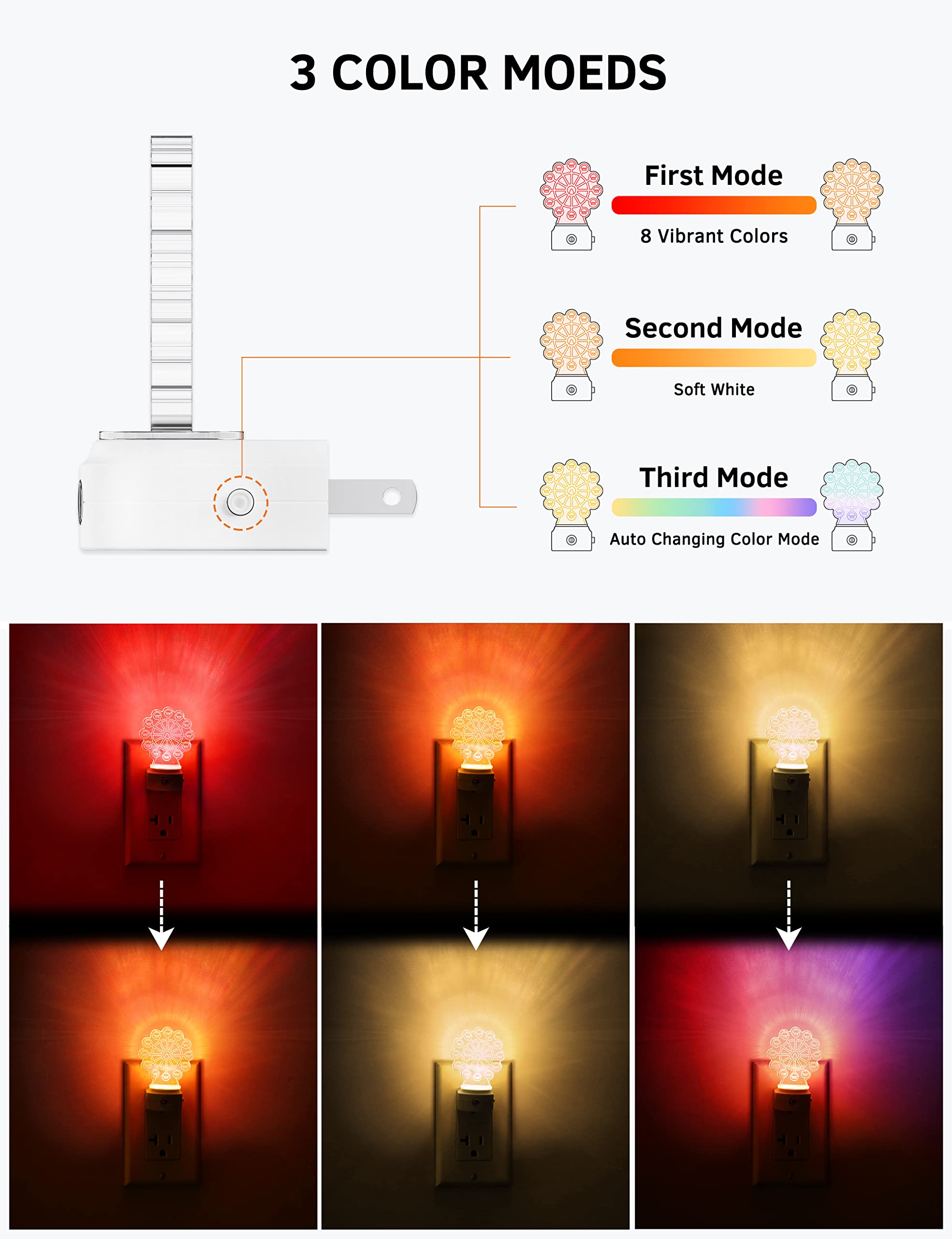 Plug in Night Light,Specmsky Ferris Wheel Night Light for Kids,3 lighting Modes RGB Night Lamp,Multi-Color Changing,LED Night Light with Dusk to Dawn Sensor for Nursery,Bedroom,Stairs,Kids' Room Decor