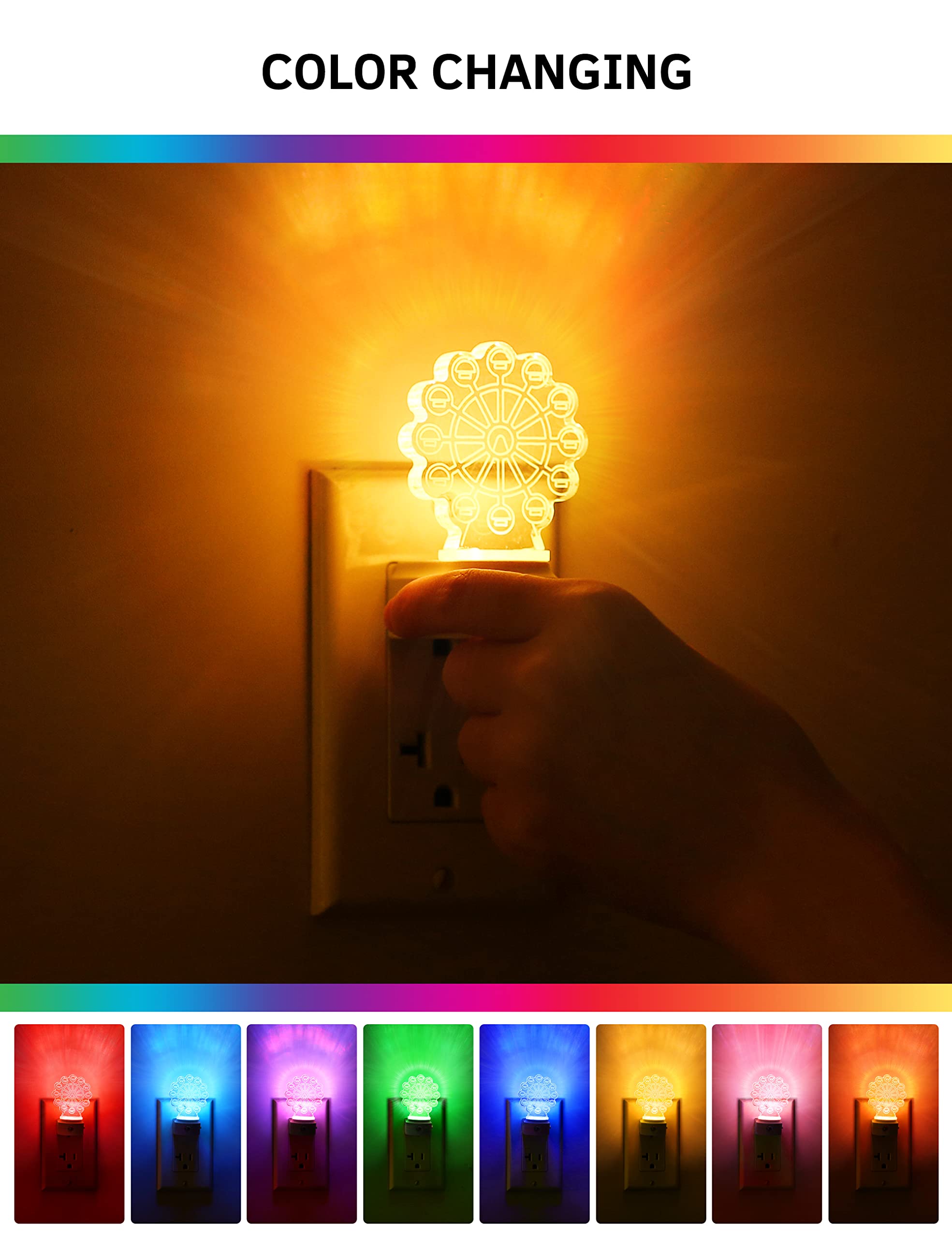 Plug in Night Light,Specmsky Ferris Wheel Night Light for Kids,3 lighting Modes RGB Night Lamp,Multi-Color Changing,LED Night Light with Dusk to Dawn Sensor for Nursery,Bedroom,Stairs,Kids' Room Decor
