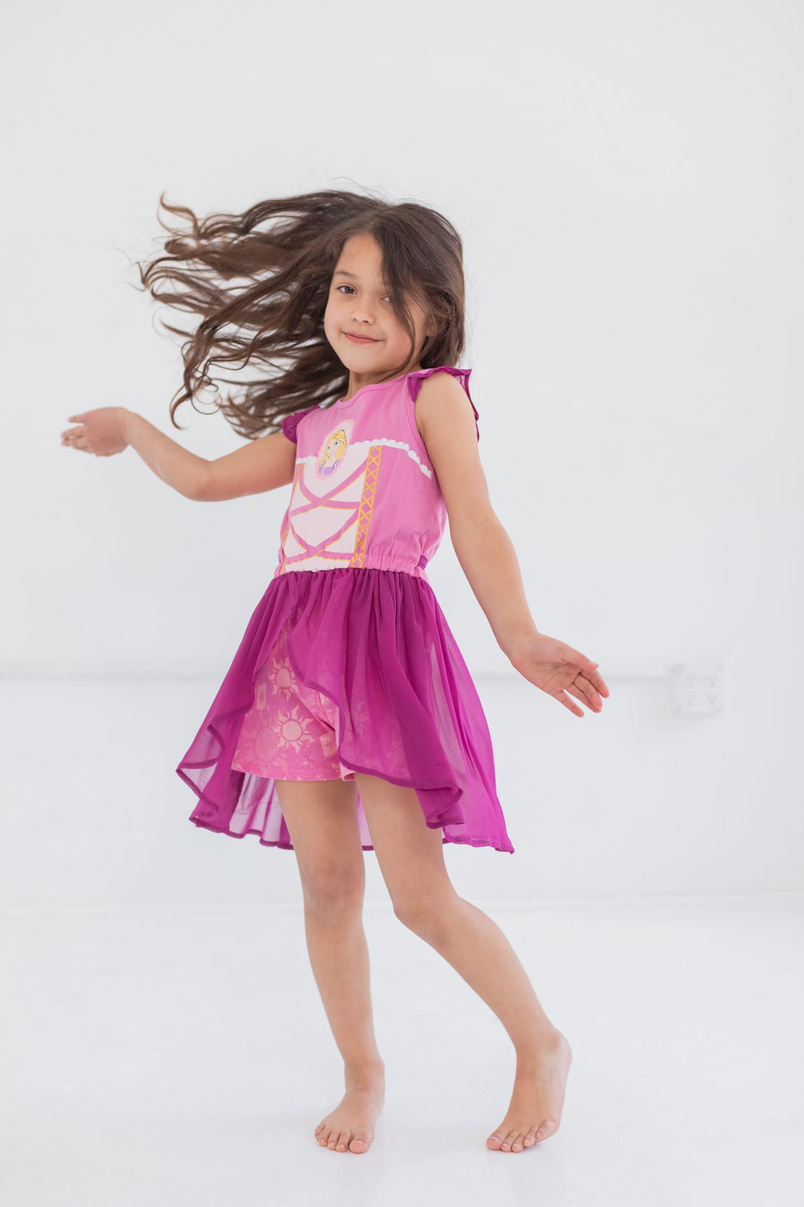 Disney Princess Rapunzel Big Girls Metallic Print Romper With Skirt Overlay 10-12