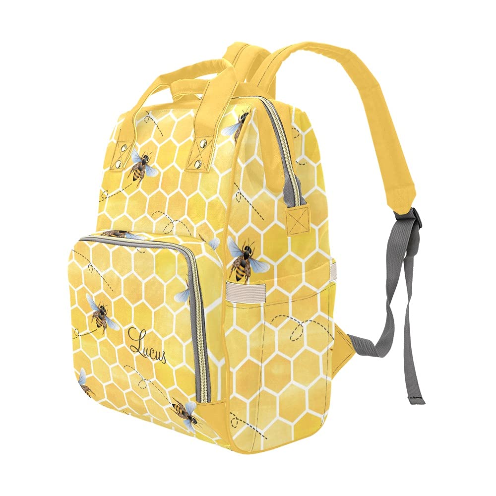 Yeshop Bee Honey Yellow Personalized Diaper Bag Backpack Tote with Name,Custom Travel Nappy Mommy Bag Backpack for Baby Girl Boy Gift, 10.83x6.69x15 inch
