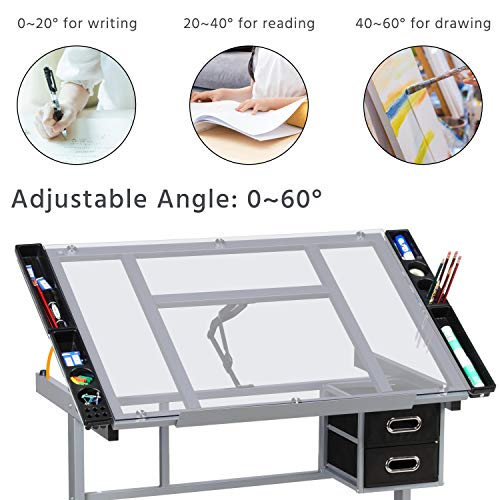 Yaheetech Adjustable Drafting Draft Table Glass Drawing Desk Tiltable Tabletop w/Stool and Storage Drawers for Reading, Writing, Painting Art Craft Work Station