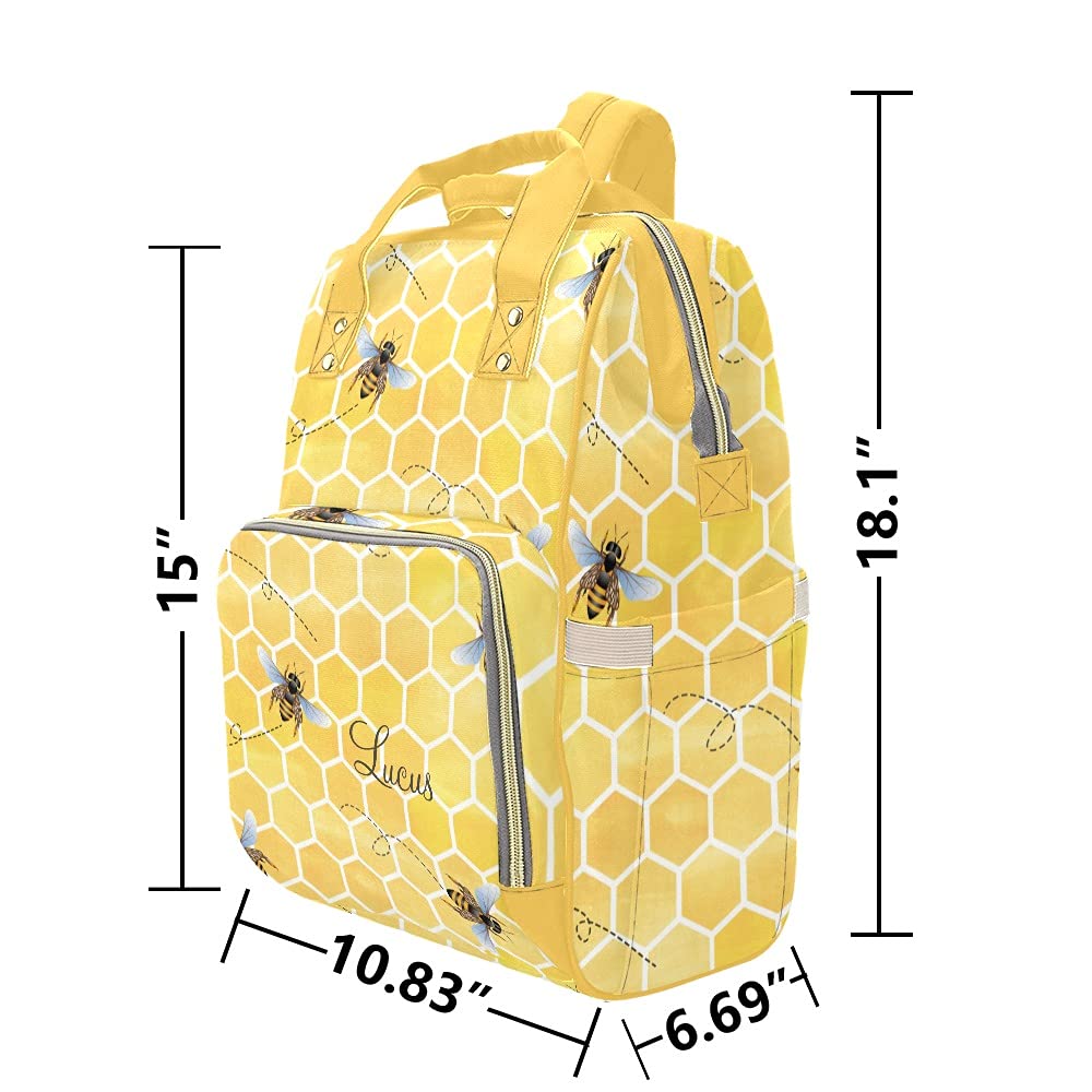 Yeshop Bee Honey Yellow Personalized Diaper Bag Backpack Tote with Name,Custom Travel Nappy Mommy Bag Backpack for Baby Girl Boy Gift, 10.83x6.69x15 inch