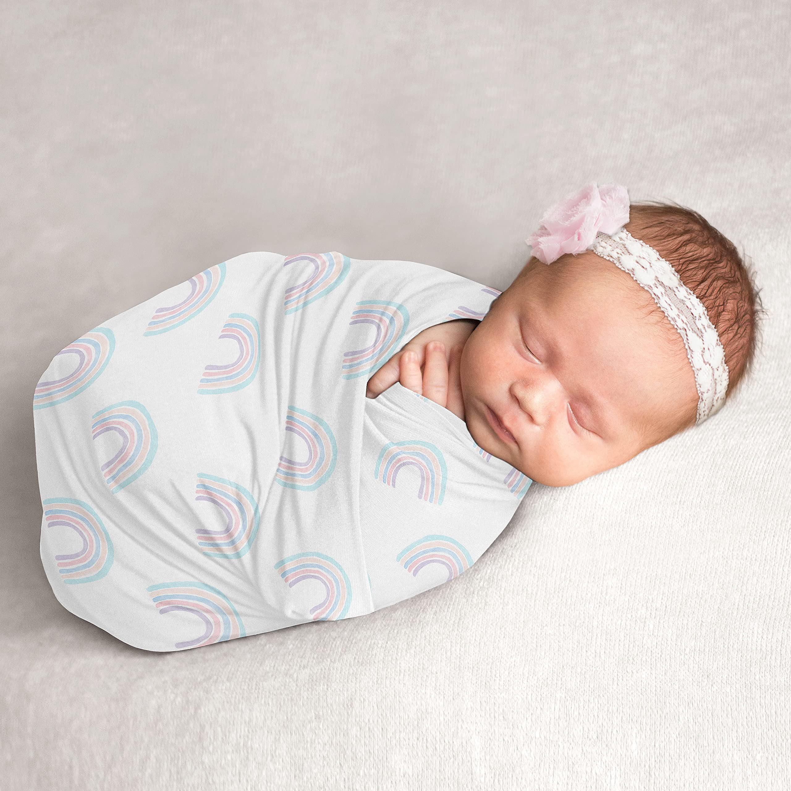 Sweet Jojo Designs Pastel Rainbow Girl Swaddle Blanket Jersey Stretch Knit for Newborn or Infant Receiving Security - Blush Pink, Purple, Teal, Blue and White