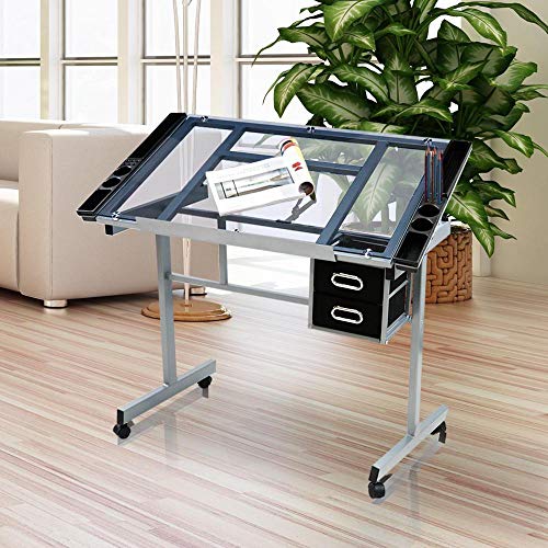 Yaheetech Adjustable Drafting Draft Table Glass Drawing Desk Tiltable Tabletop w/Stool and Storage Drawers for Reading, Writing, Painting Art Craft Work Station