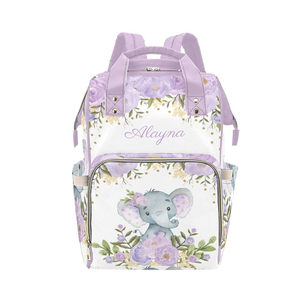 Yeshop Personalized Diaper Backpack Purple Violet Floral Elephant Multi Function Diaper Bag Travel Daypack Nursing Nappy Bag