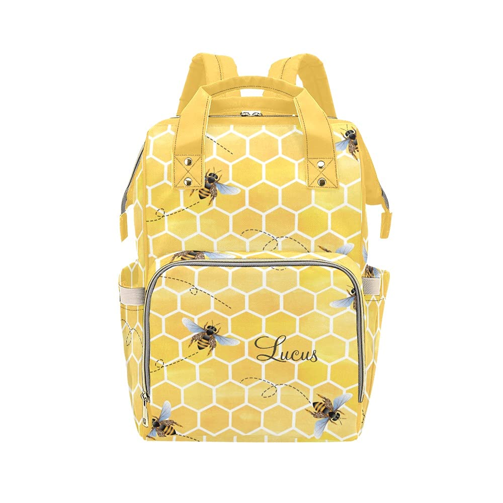 Yeshop Bee Honey Yellow Personalized Diaper Bag Backpack Tote with Name,Custom Travel Nappy Mommy Bag Backpack for Baby Girl Boy Gift, 10.83x6.69x15 inch
