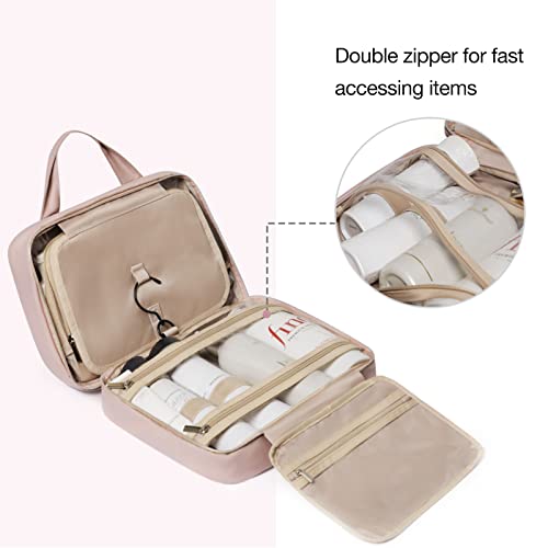 LIGHT FLIGHT Toiletry Bag For Women, Makeup Organizer, Makeup Bag for Full Sized Toiletries, Large Capacity Cosmetic Bag with Hanging Hook, Pink