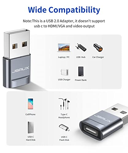 JSAUX USB-C Female to USB-A Male Adapter 4-Pack, Type C to USB Charger Cable Adapter Compatible with iPhone 14/13/12 Mini/Pro/Pro Max, Samsung Galaxy Note 10/20, S20/S21, Apple Watch Series 7 -Grey
