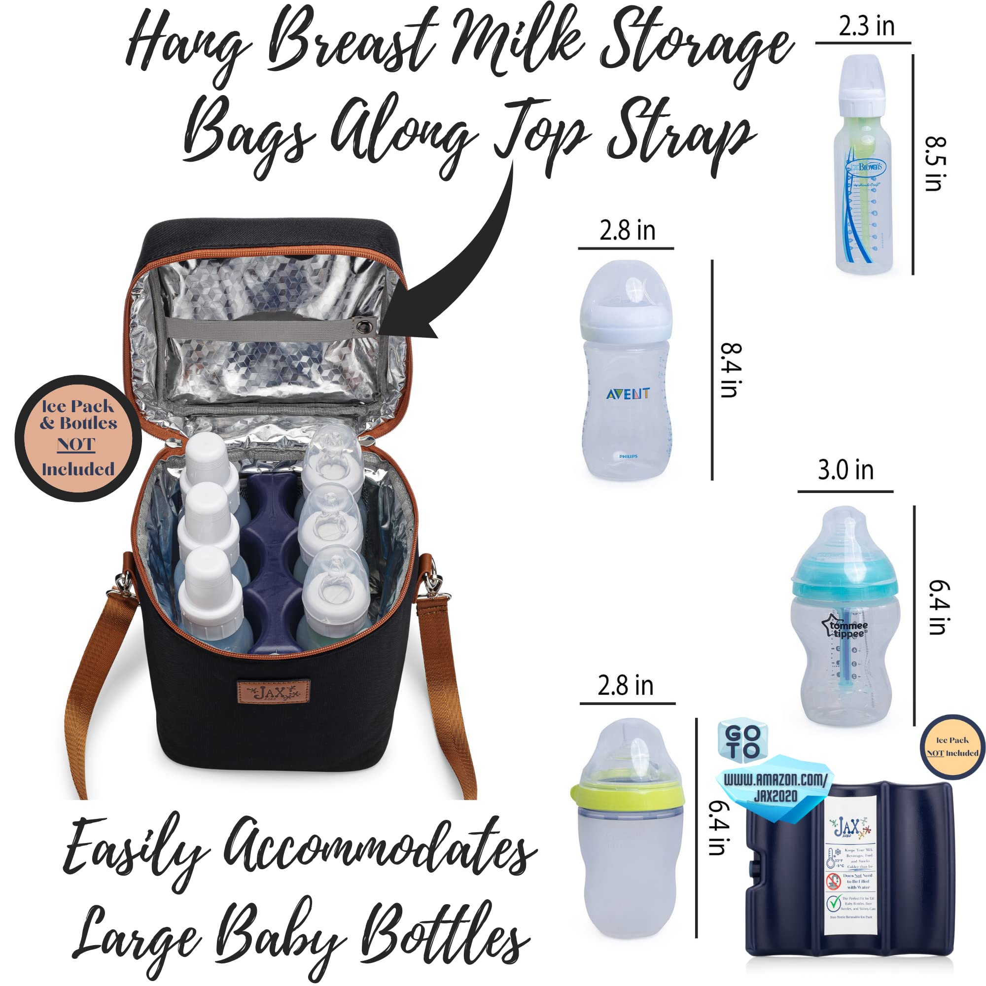 Jax 2020 Breastmilk Cooler Bag, Insulated Container for 6 Bottles, Keeps Milk Fresh, Adjustable Shoulder Strap, Pocket for Ice Pack, Black